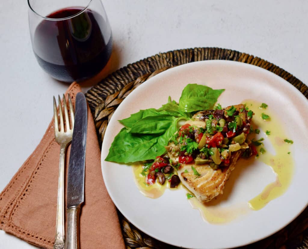 Pan-seared oven-baked Swordfish with an Easy Tapenade - LindySez | Recipes