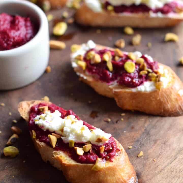Roasted Beet Crostini with Goat Cheese and Pistachio - LindySez | Recipes