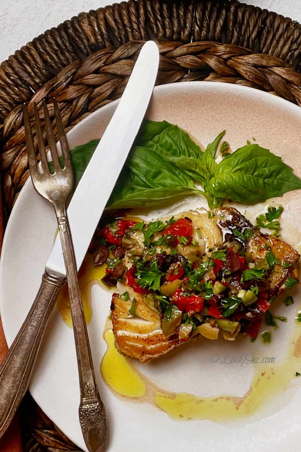 Pan-seared oven-baked Swordfish with an Easy Tapenade - LindySez | Recipes