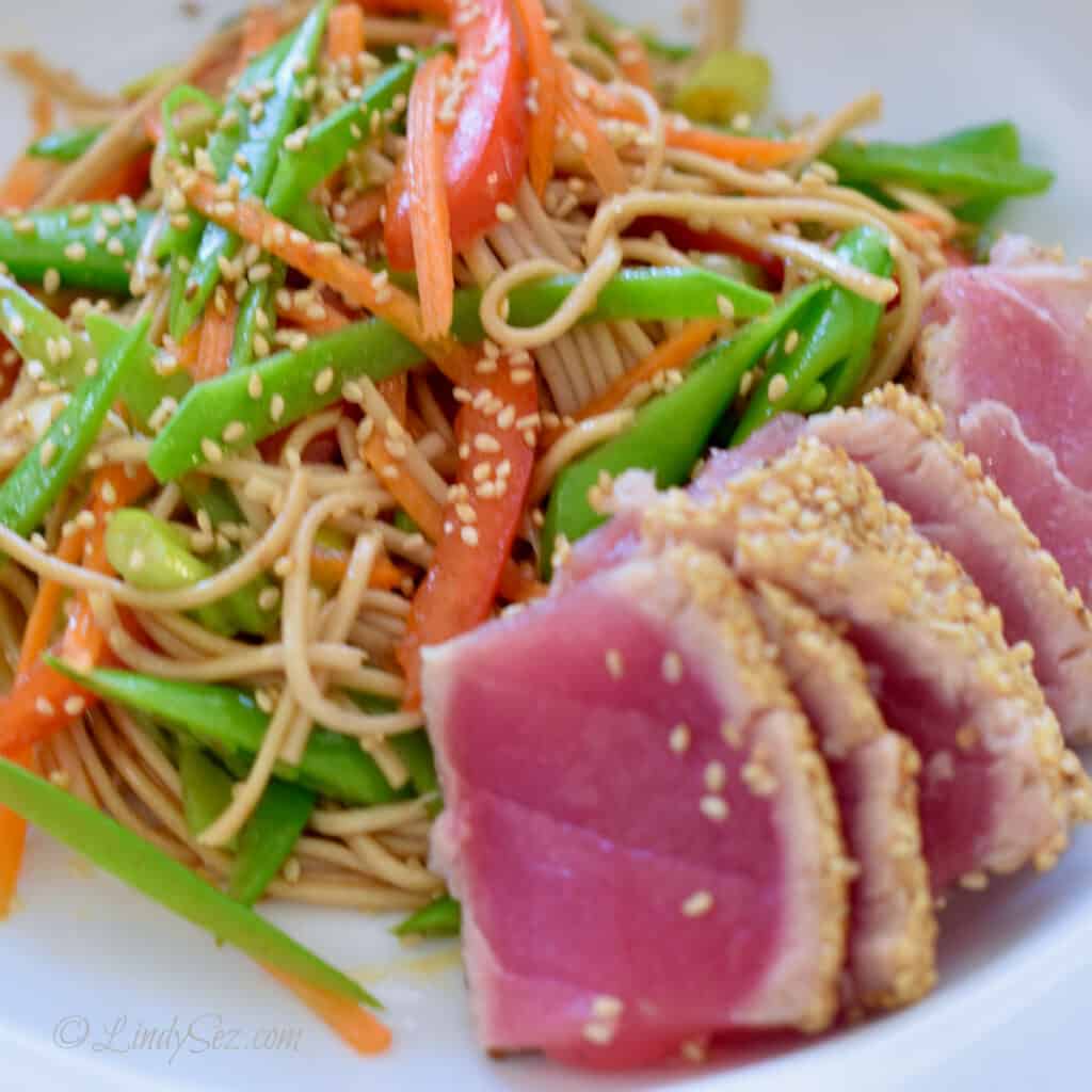 Asian Style Soba Noodle Salad with Seared Ahi Tuna - LindySez | Recipes